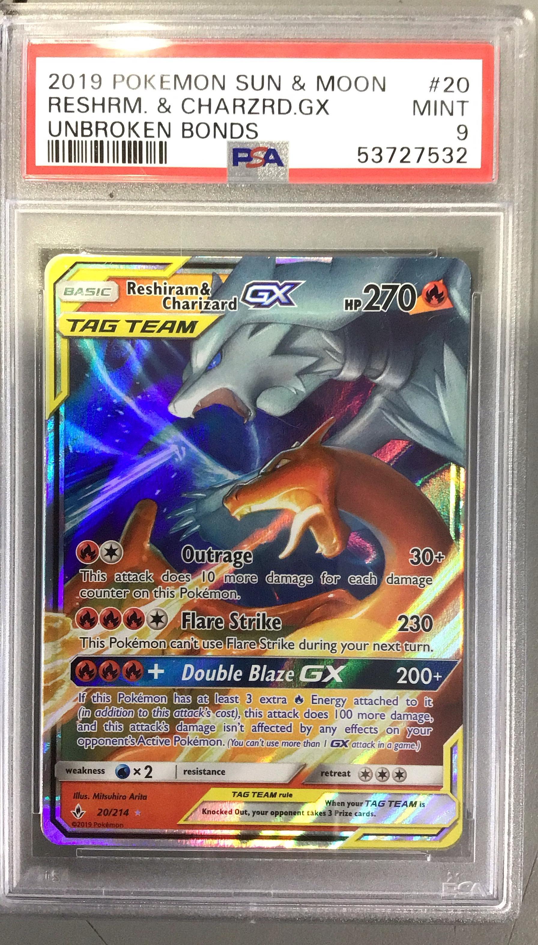 2019 Pokemon Sun & Moon Unbroken Bonds 20 Reshiram & Charizard Gx PSA 9 | GameStop