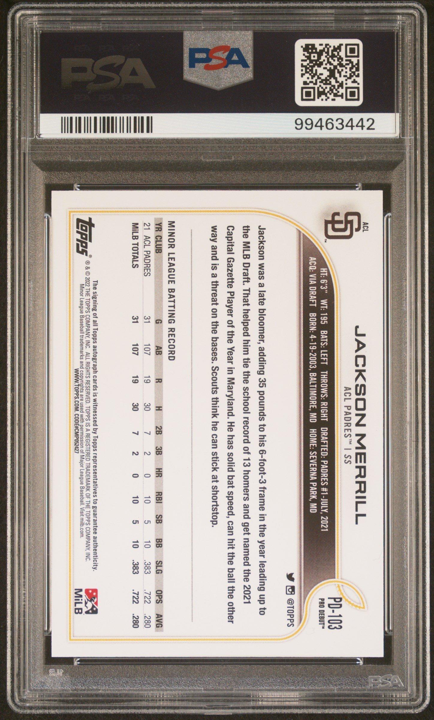 2022 Topps Pro Debut Pd103 Jackson Merrill Autograph PSA 10 | GameStop